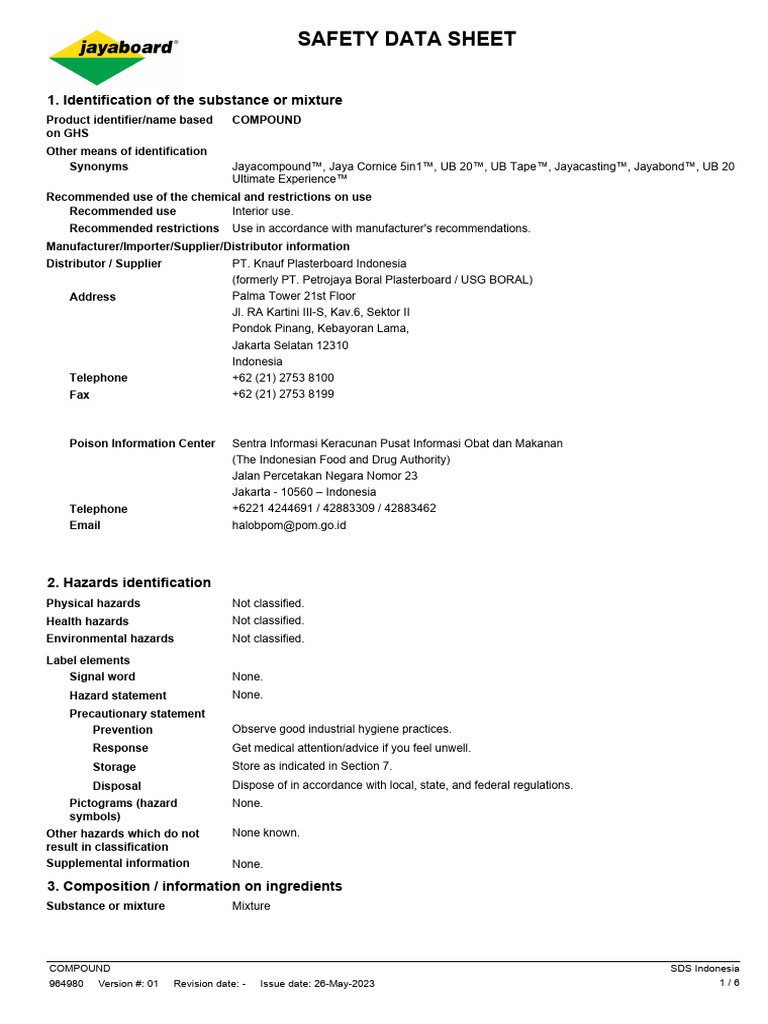 COMPOUND-SDS - INDONESIA-English - Jayaboard (2023) | PDF | Dangerous ...