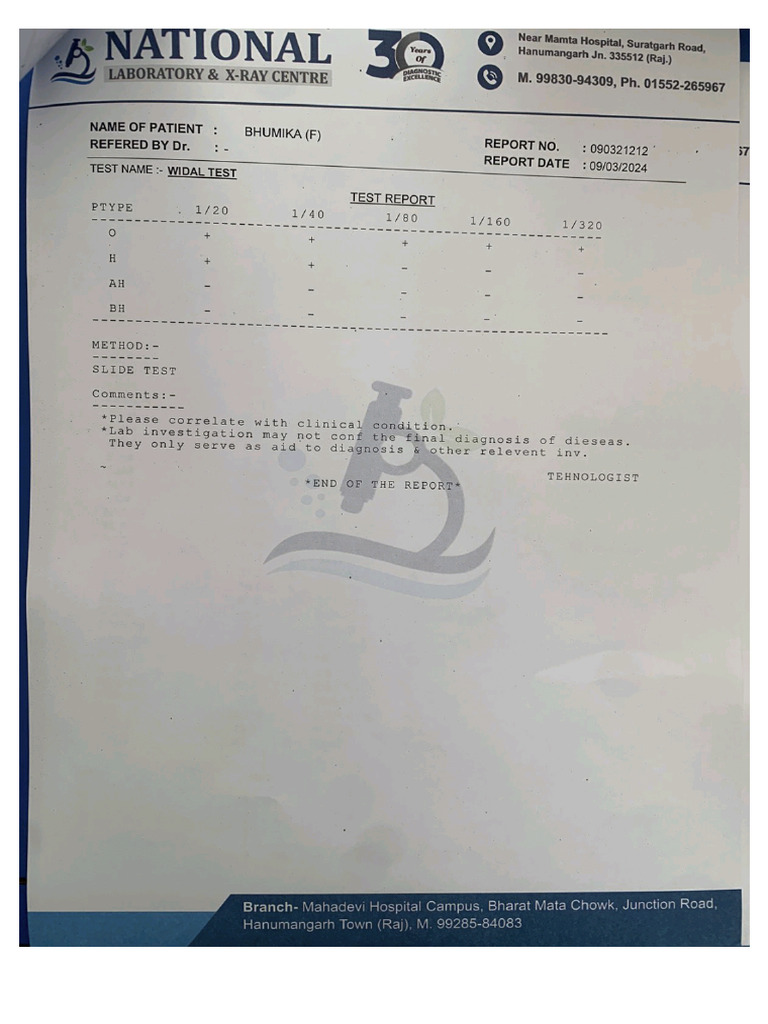 Widal Test Stage 3 Complete Test | PDF