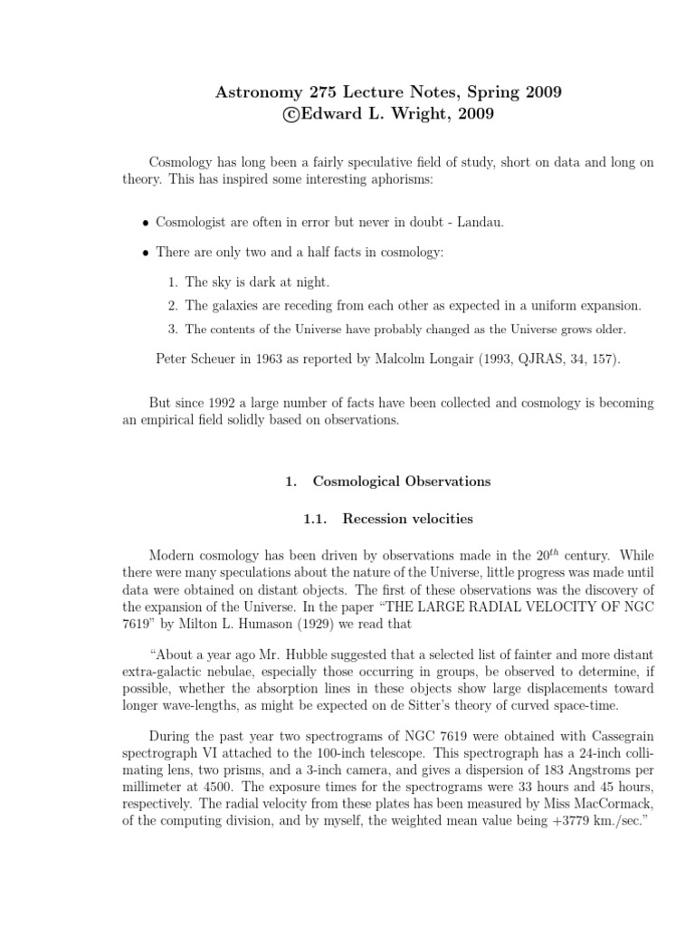 Astronomy 275 Lecture Notes, Spring 2009 (Edward L. Wright, PHD, UCLA ...