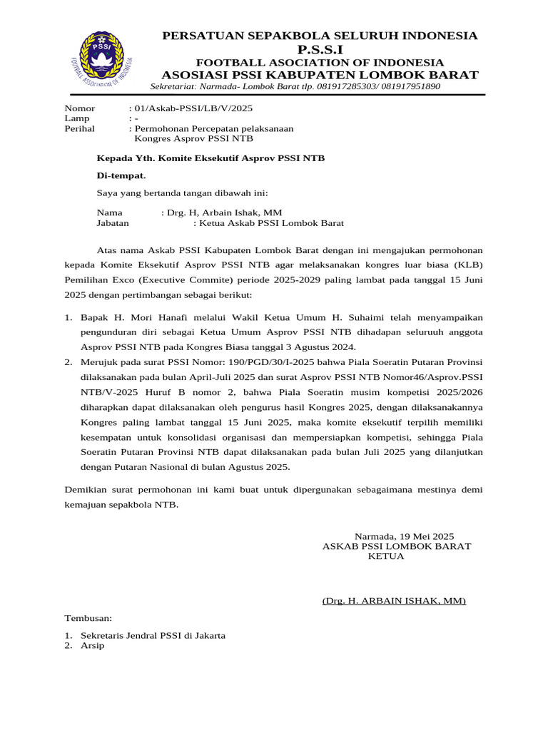 Surat Permohonan Percepatan KLB 2025 | PDF