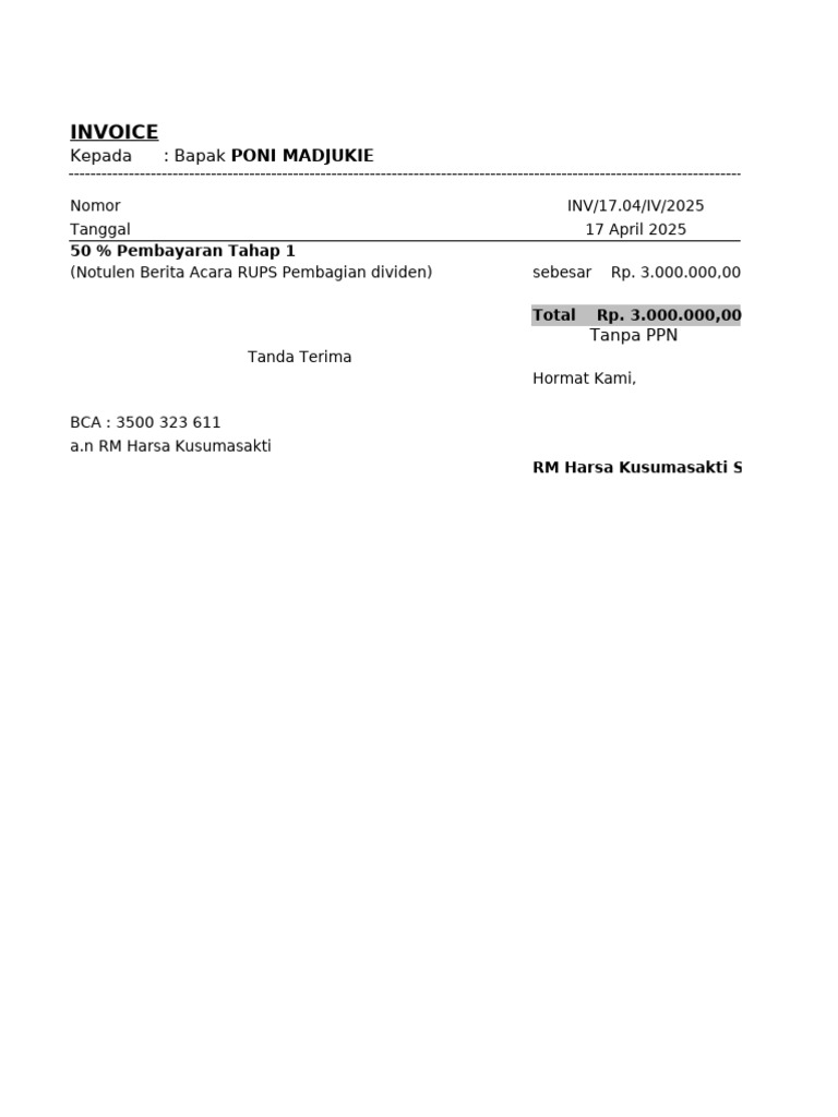 Invoice Pembagian Dividen Pak Poni | PDF