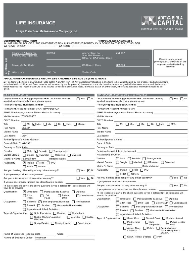 ABSLI Life Insurance Proposal Form | PDF | Insurance | Underwriting