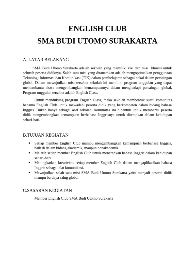 Latar Belakang English Club SMA Budi Utomo | PDF