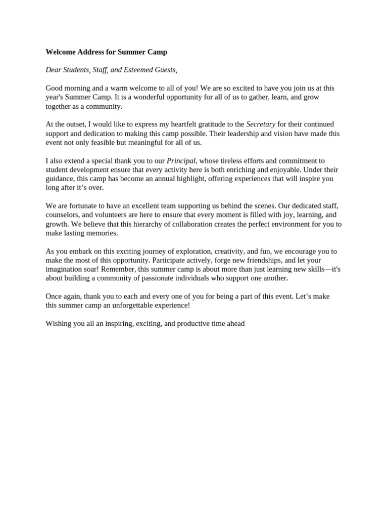 Welcome Address for Summer Camp 2023 | PDF