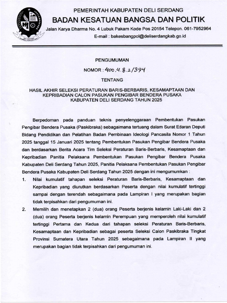 Pengumuman Nilai Seleksi PBB, Kesamaptaan Dan Kepribadian Paskibraka Tahun 2025 | PDF