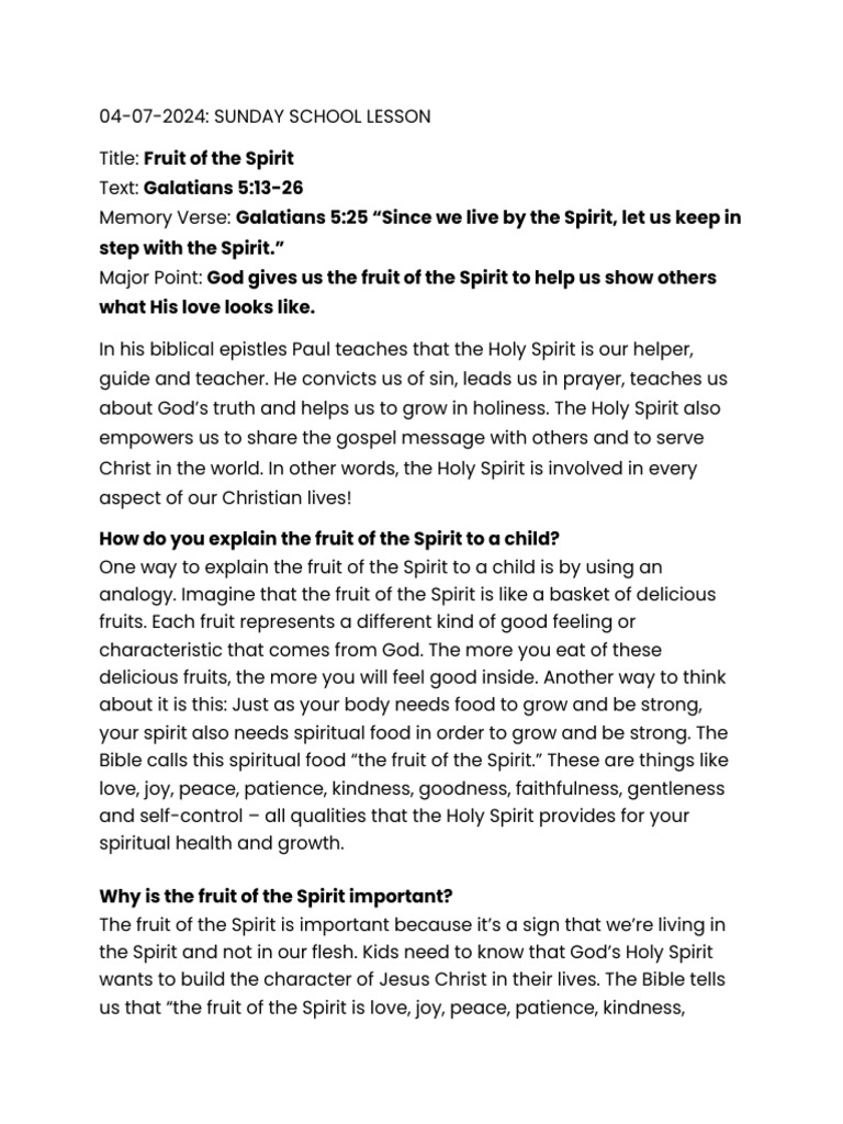 Sunday School Lesson: Fruit of the Spirit | PDF