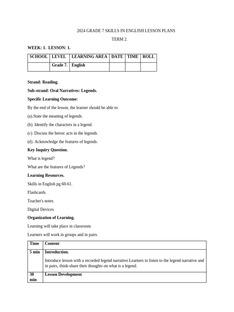 2024 Grade 7 Skills in English Lesson Plans Week 1 Week 3 Term 2-31-24 May 11-29-52 | PDF ...
