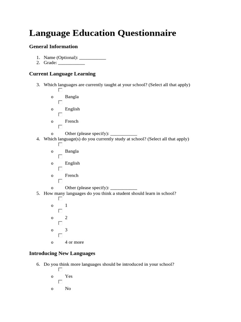 Language Edu Questionnaire - Rajkonna | PDF | Schools | Language Education