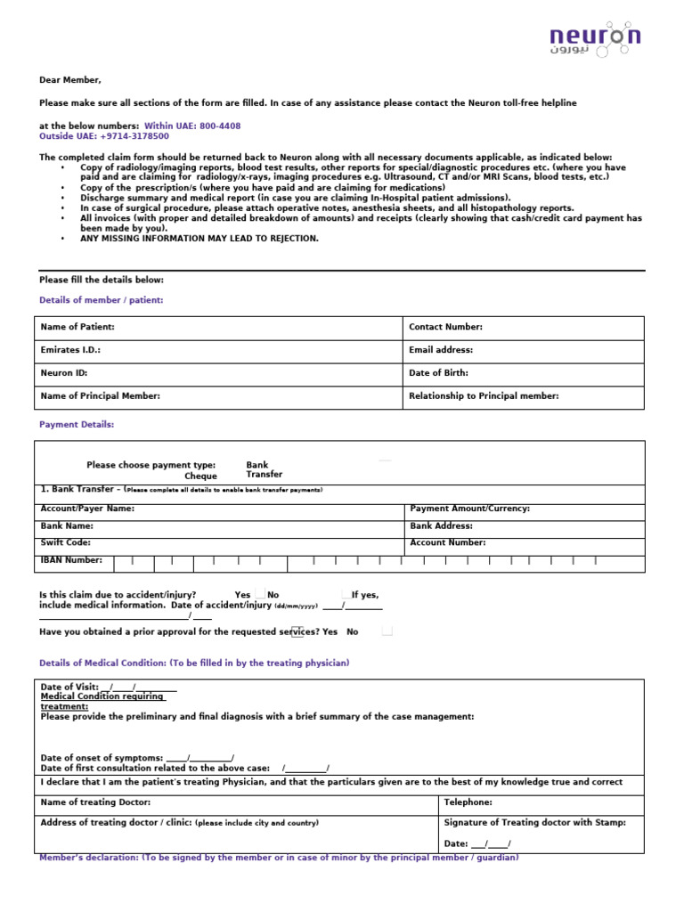 Neuron Reimbursement Claim Form | PDF | Payments | Medical Imaging
