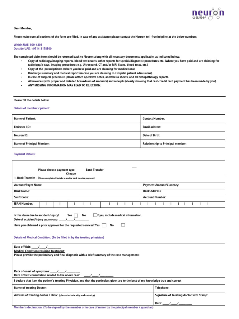 Neuron Reimbursement Claim Form | PDF | Payments | Medical Imaging
