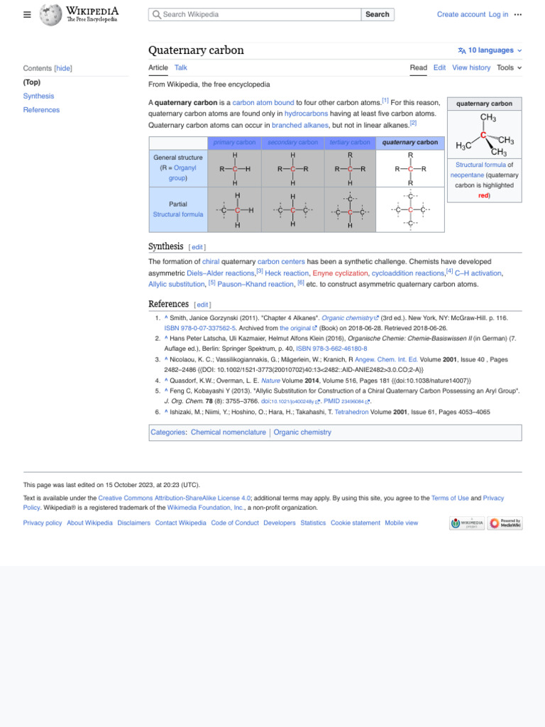Quaternary Carbon - Wikipedia | PDF | Organic Chemistry | Chemistry