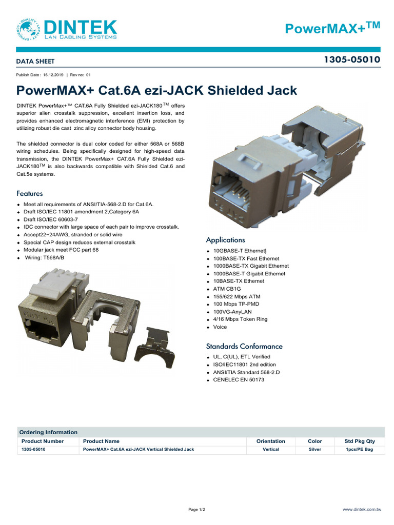 PowerMAX+ Cat.6A Shielded Jack Data Sheet | PDF | Electrical ...