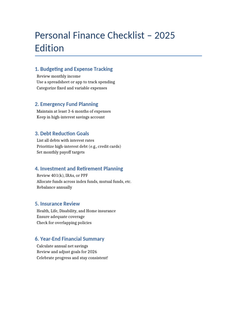 Personal Finance Checklist 2025 Real | PDF