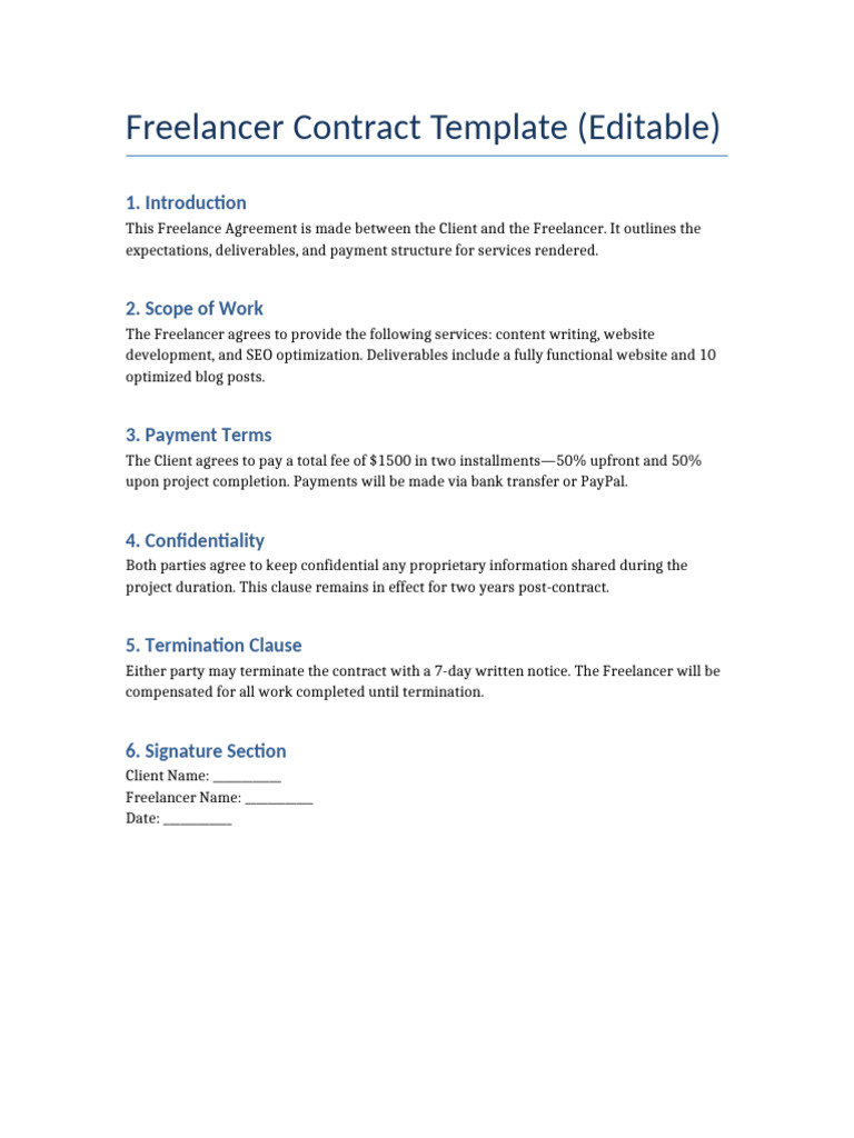 Freelancer Contract Template Editable | PDF