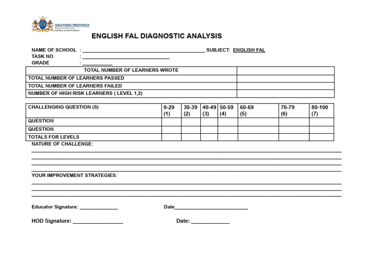 English Fal Diagnostic - Analysis of Tasks | PDF