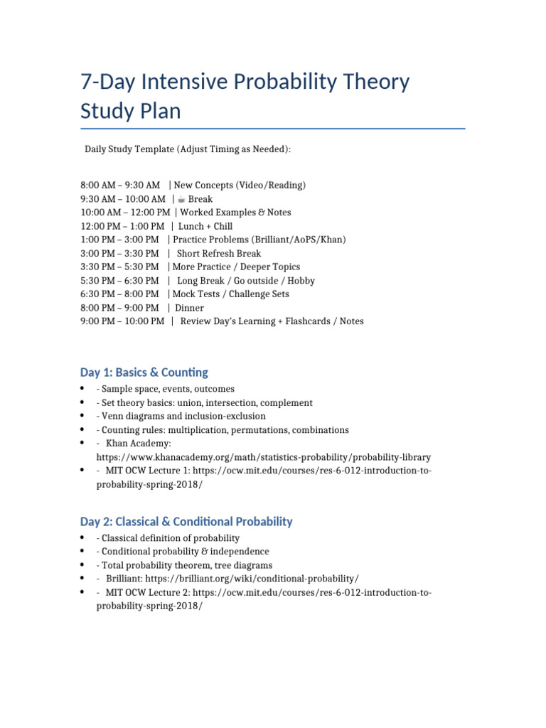 7-Day Probability Study Plan | PDF | Probability Distribution | Mathematics