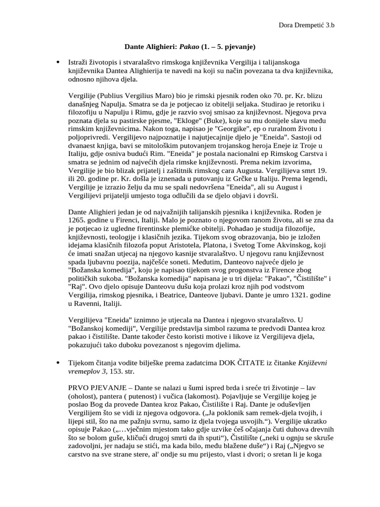 Dante, Pakao - Lektirni Zadatci | PDF