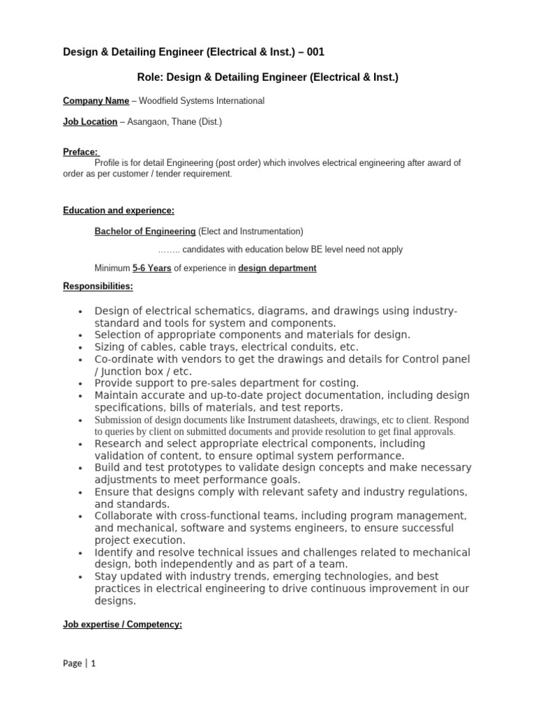 JD_Design & Detail Engineer (Electrical & Inst.) | PDF | Engineering | Systems Engineering