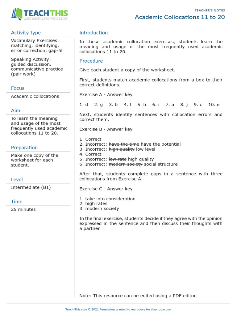 Academic Collocations 11 To 20 | PDF | Learning | Cognition