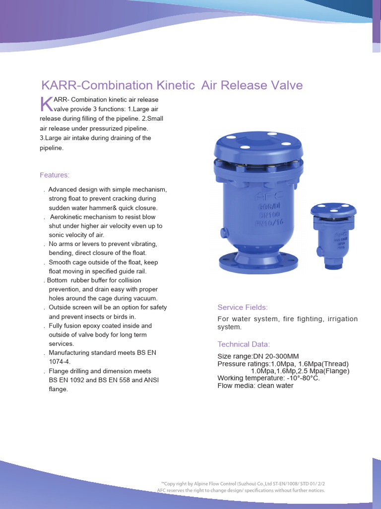 AFC KARR - Combination Kinetic Air Release Valve | PDF | Steel | Valve