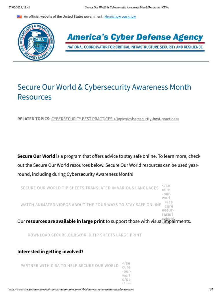 Secure Our World & Cybersecurity Awareness Month Resources - CISA | PDF ...