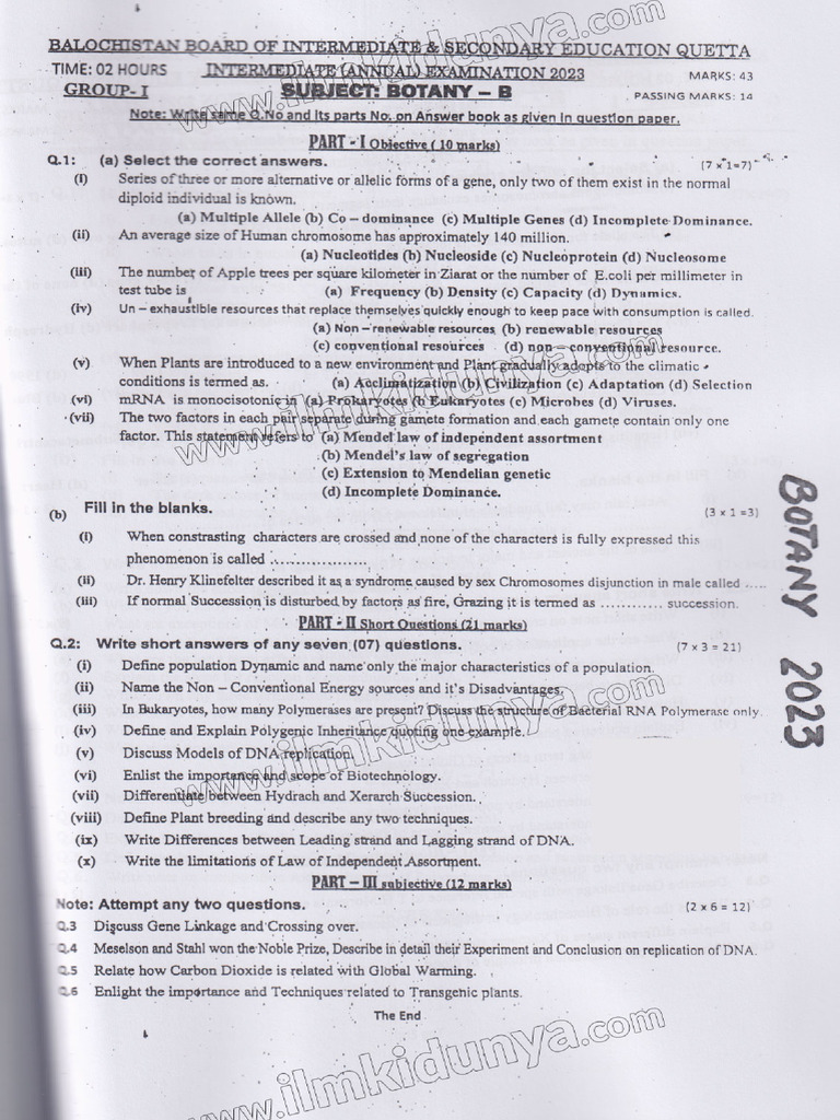 Past Paper 2023 Quetta Board Inter Part II Botany | PDF