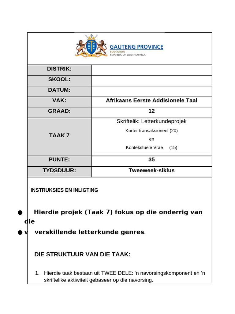 Letterkunde Taak Graad 12 Eat 2024 | PDF