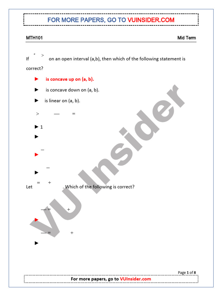 MTH101 Midterm Exam Questions | PDF | Function (Mathematics ...