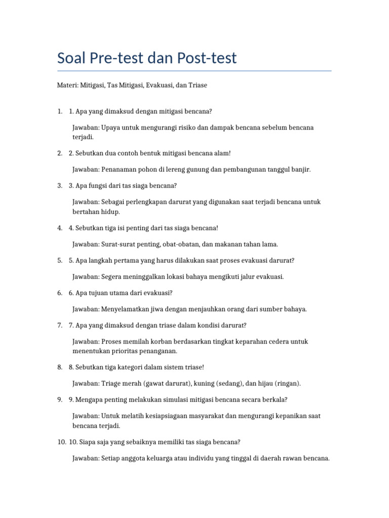 Soal Pre Post Test Mitigasi | PDF