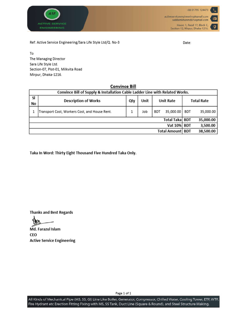Sara Life Style Ltd. Convince Bill of Supply & Installation Cable ...