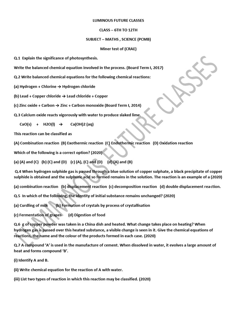 Minor Test of Chemical Reaction and Equations LFC | PDF | Chemical ...