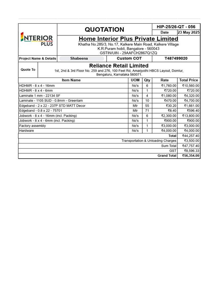 QT No - 056 - UL Shabeena Custom COT | PDF