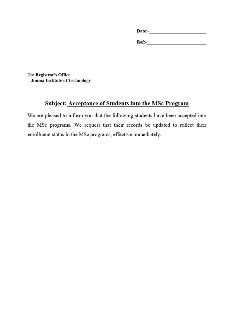 MSc Program Student Acceptance Notice | PDF
