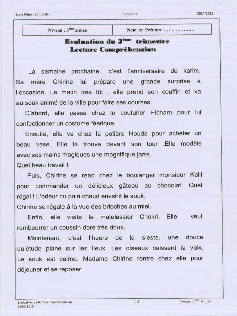 Evaluation de Français (Lecture-Compréhension) - 3ème Trimestre - 3ème ...