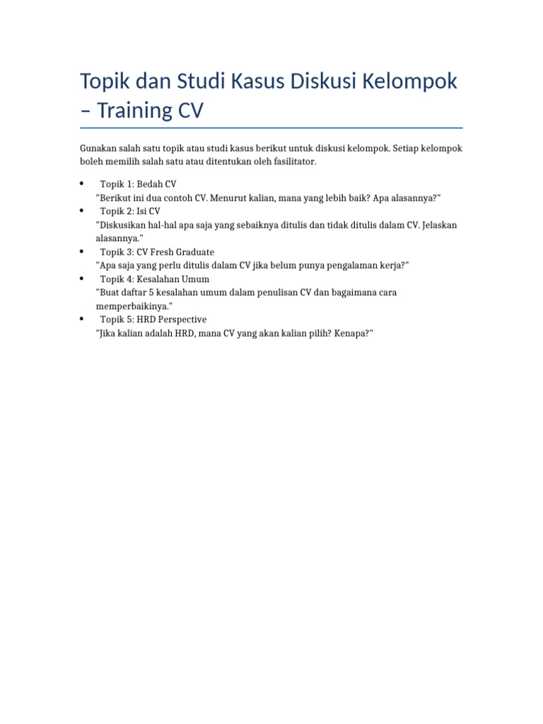 Topik Dan Studi Kasus Diskusi CV | PDF
