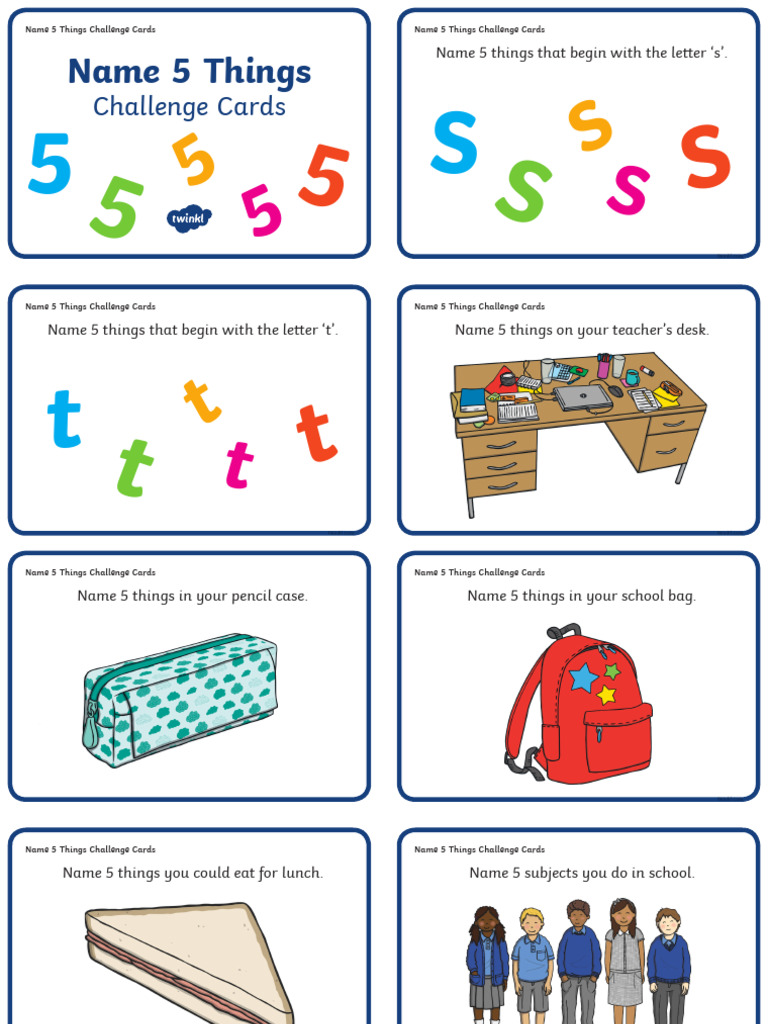 5 Things School Challenge Cards English | PDF | Classroom | Learning