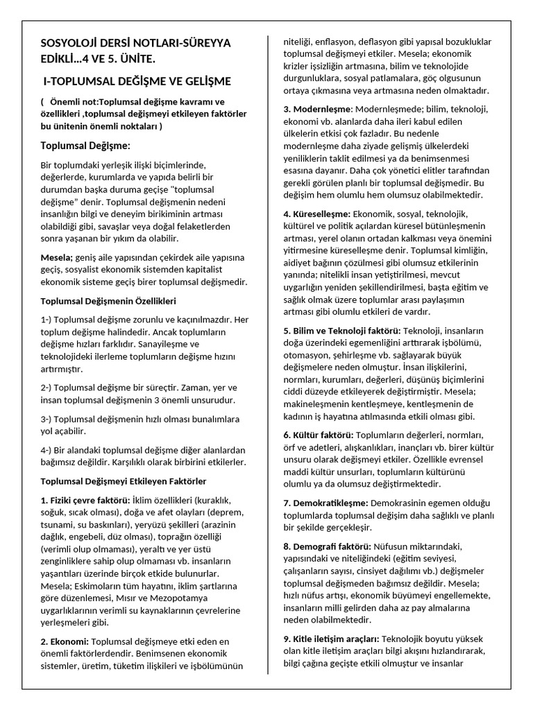 11.sinif Sosyoloji Dersi 4 Ve 5. Unite Konu Anlatimi | PDF