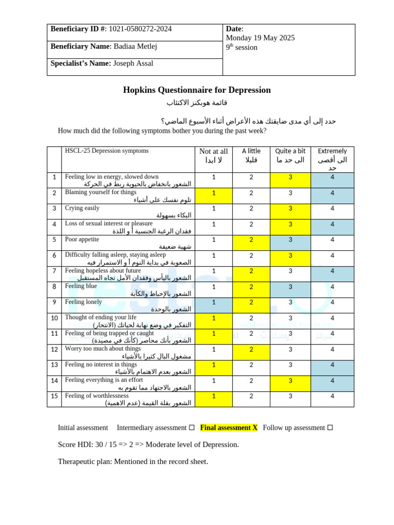 Hopkins Questionnaire For Depression - Badiaa Metlej - 1st Session ...