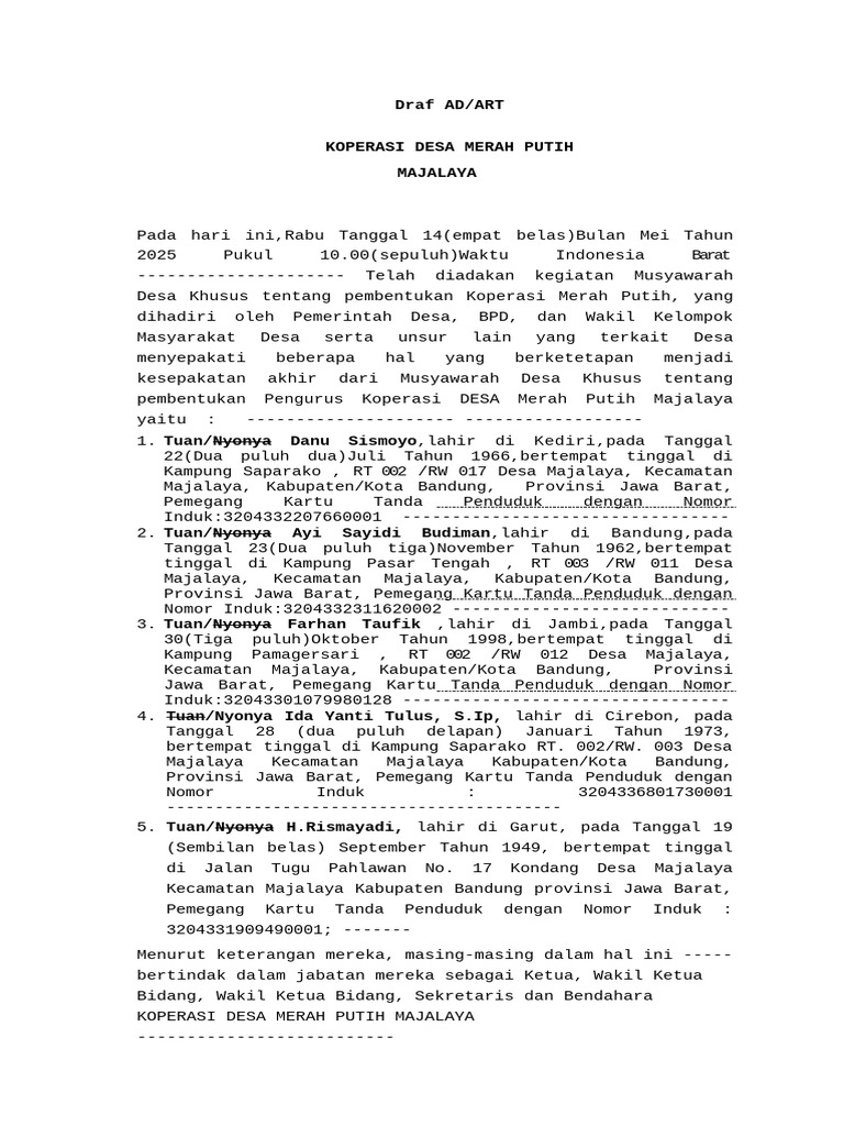 Draft Adart Akta Kopdes Merah Putih | PDF