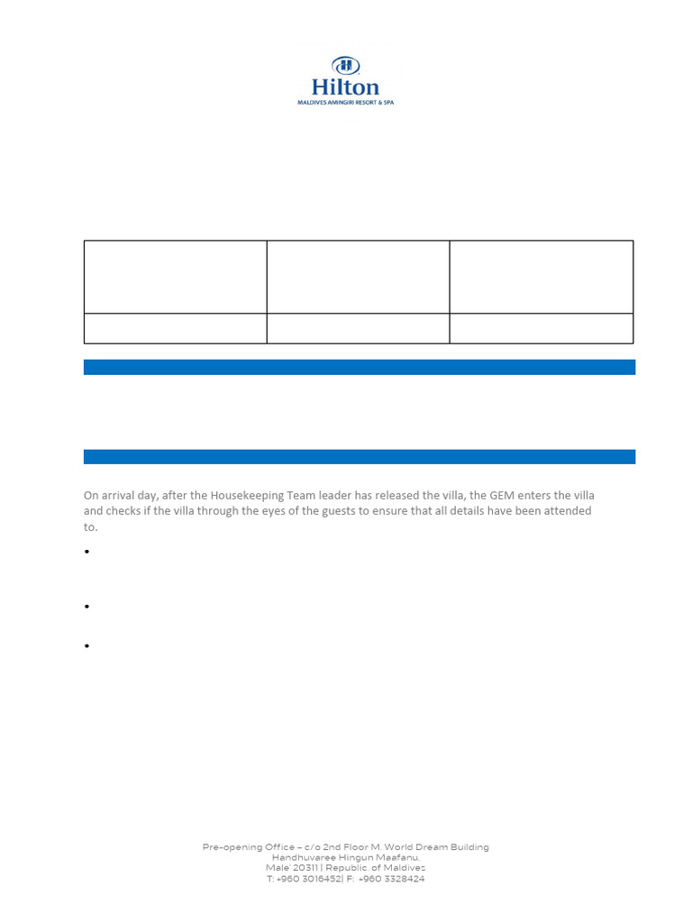 VIP Arrival Setup & Villa Inspection | PDF
