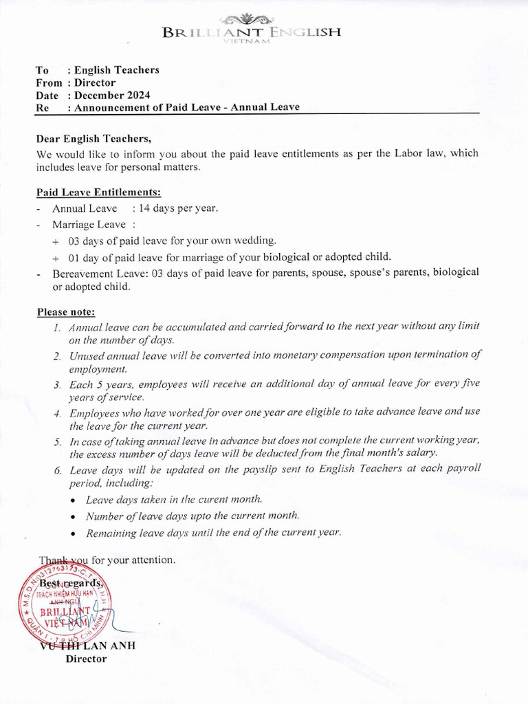 Announcement of Paid Leave - Annual Leave | PDF