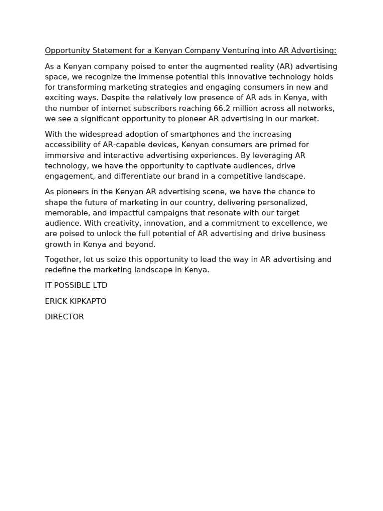 Opportunity Statement For A Kenyan Company Venturing Into AR | PDF