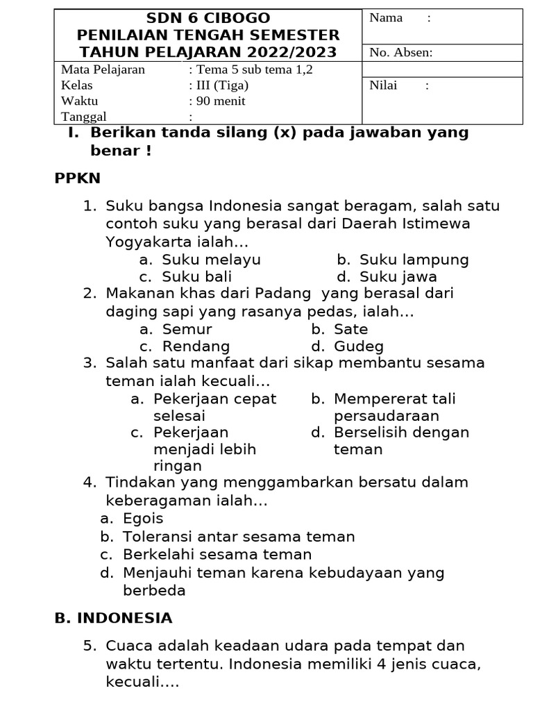 SOAL PTS KELAS 3 (Tema 5 Sub 1 2) | PDF