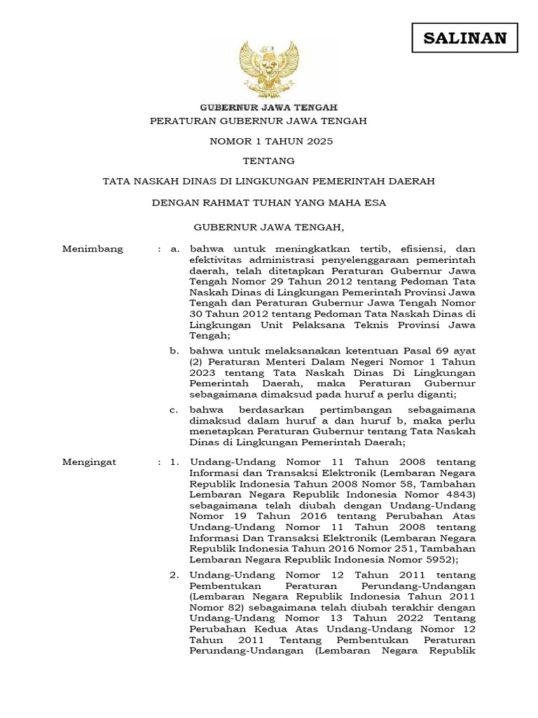 Pergub No 01 TH 2025 TTG Tata Naskah Dinas | PDF