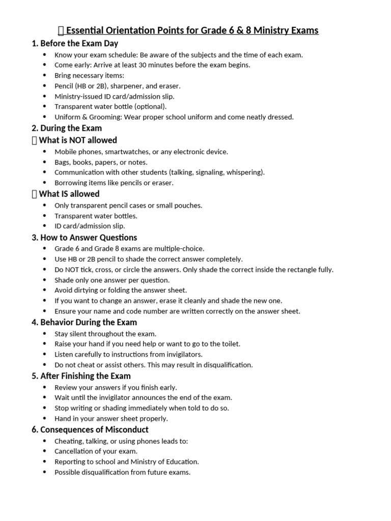 Essential Orientation Points For Grade 6 & 8 Ministry Exams | PDF