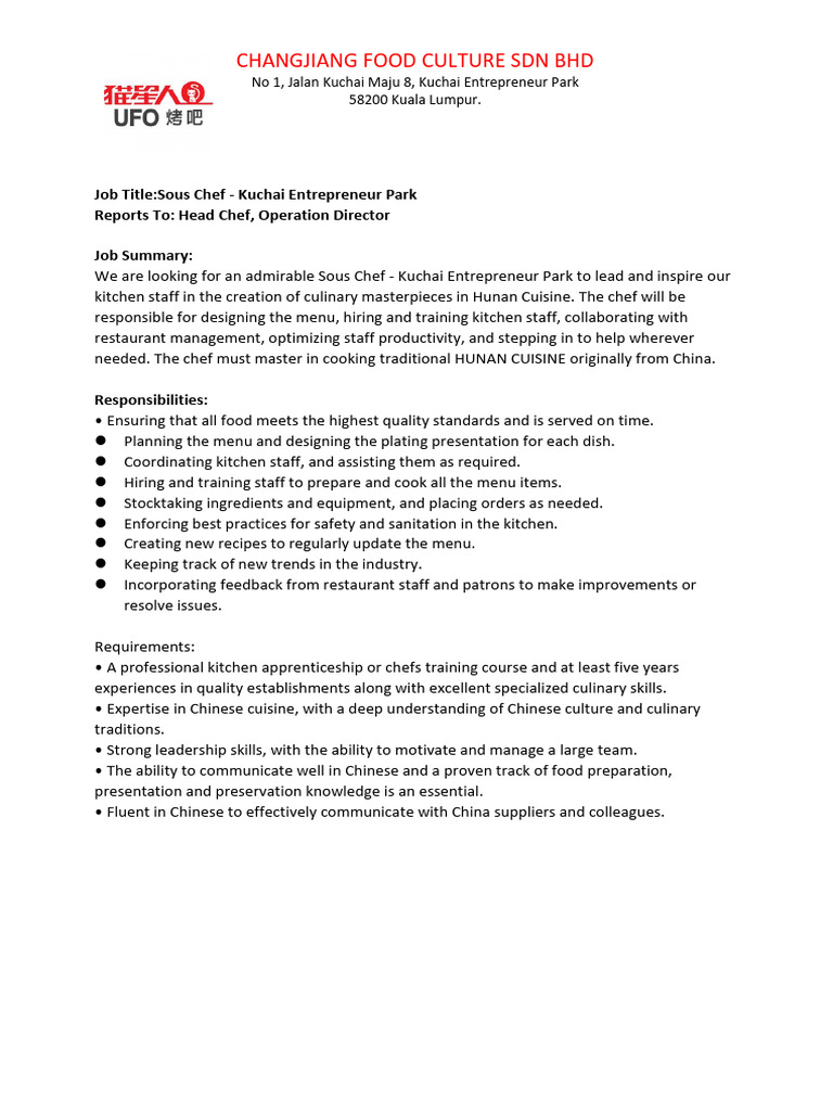 Job Description - Sous Chef | PDF