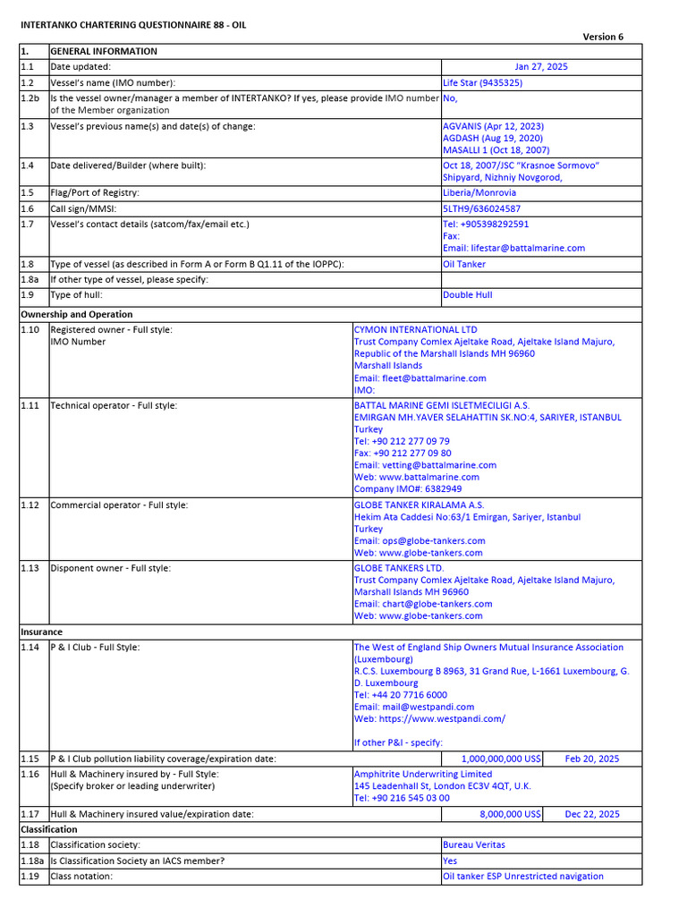Life Star - Q88 V6 (Oil) - 27jan2025 | PDF | Tonnage | Ships