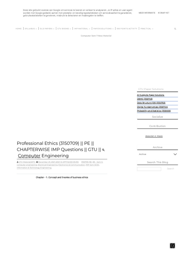 Professional Ethics (3150709) - PE - CHAPTERWISE IMP Questions - GTU - Computer Engineering ...