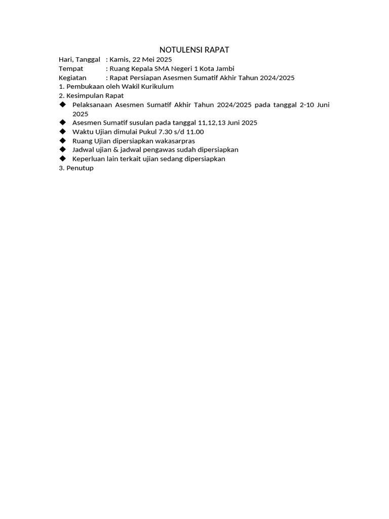 Notulensi Rapat Asasmen Sumatif 2025 | PDF