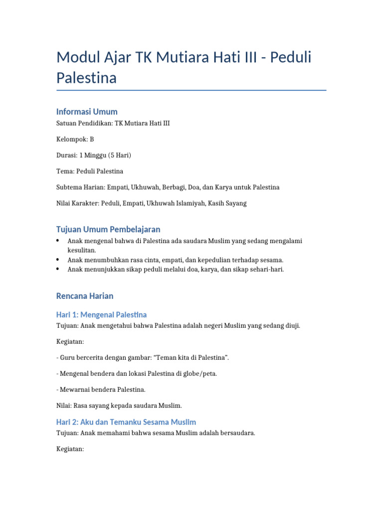 Modul TK Peduli Palestina - TK Mutiara Hati III | PDF